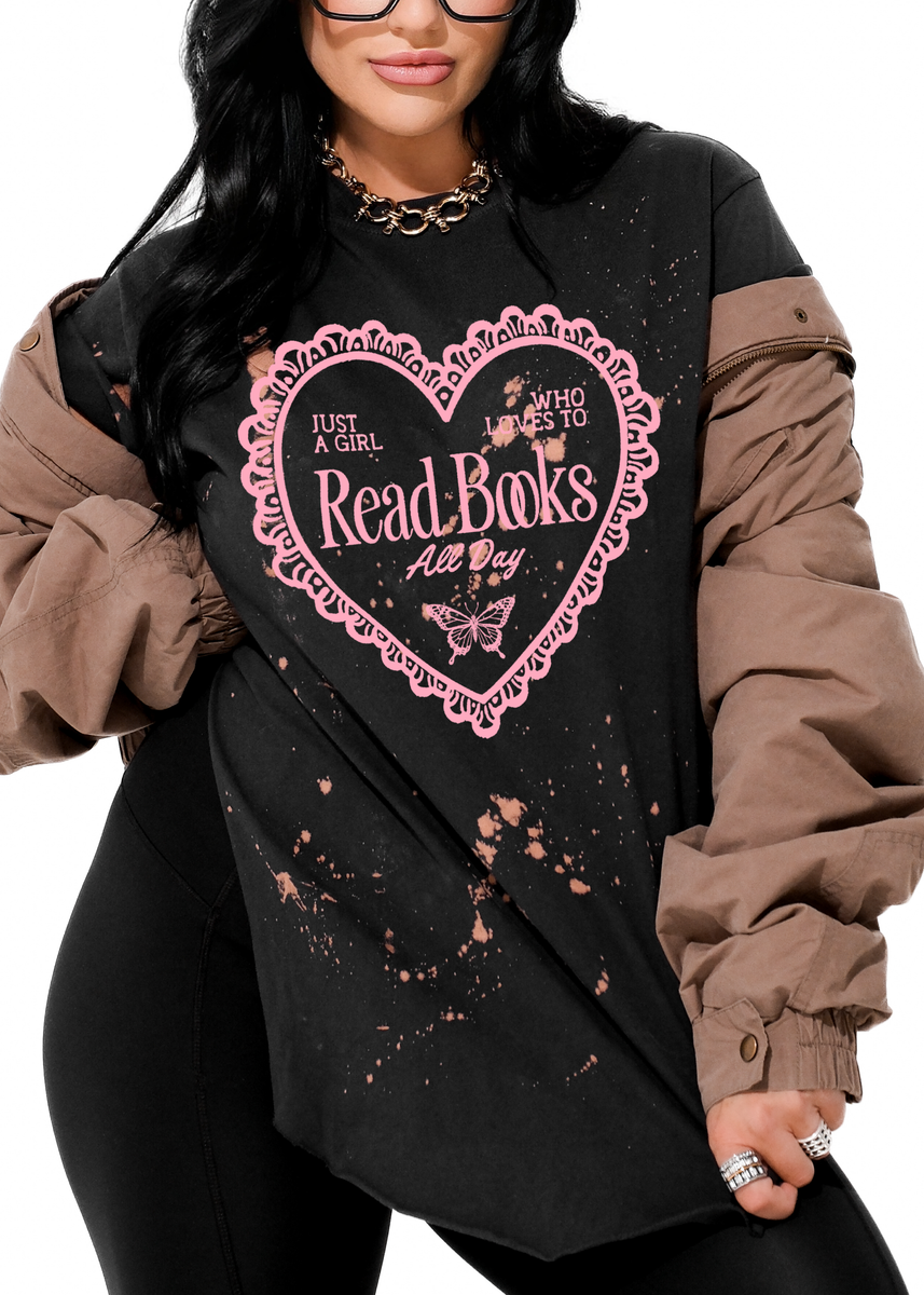 READ BOOKS BLEACHED OUT SIDE SLIT TEE – Pebby Forevee
