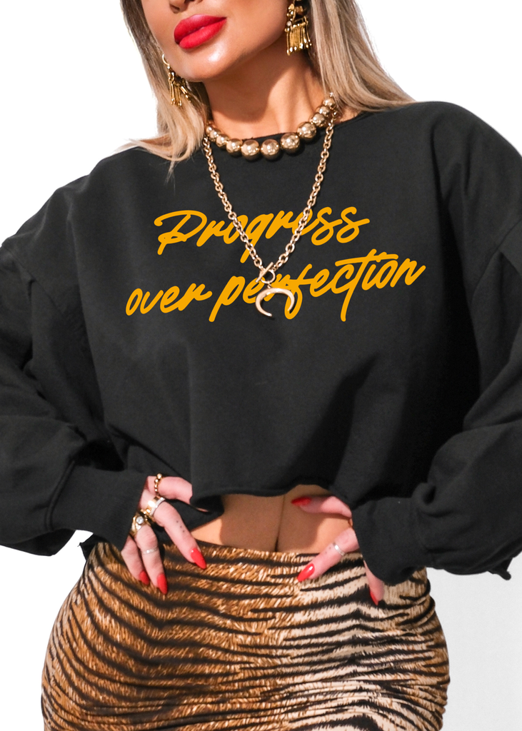 CROPPED PROGRESS OVER PERFECTION GRAPHIC SWEATSHIRT – Pebby Forevee